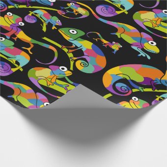 Cute Cartoon Chameleons Bright Colors, Black Wrapping Paper | Zazzle