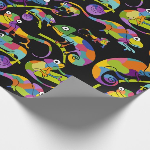 Cute Cartoon Chameleons Bright Colors, Black Wrapping Paper | Zazzle