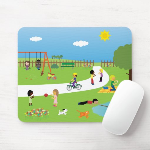 Cute Cartoon Children & Pets Playing In The Park Mouse Pad | Zazzle