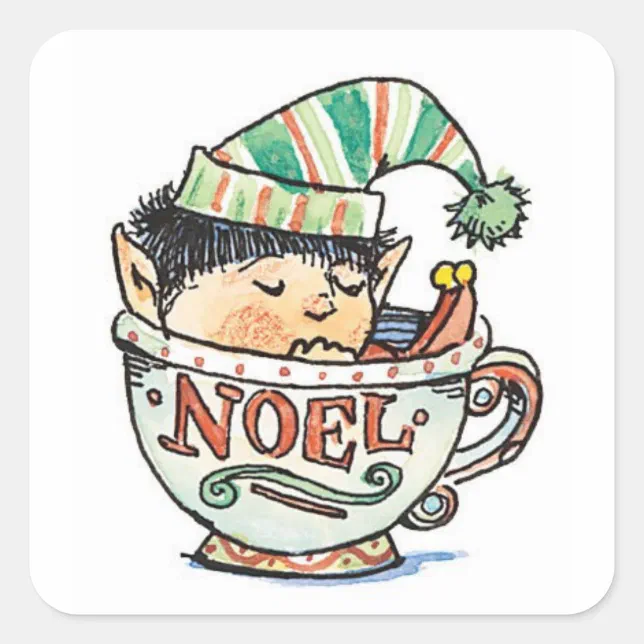 Cute Cartoon Christmas Elf Sleeping in a Tea Cup Square Sticker | Zazzle