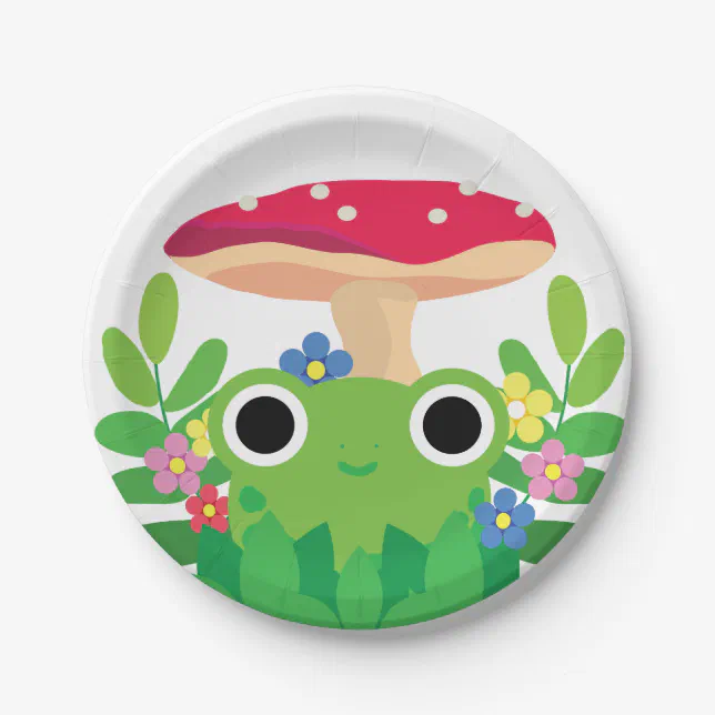 Cute Cartoon Cottagecore Frog with Mushroom Paper Plates | Zazzle