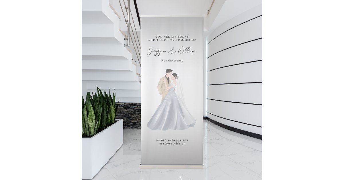 Cute Cartoon Couple's Wedding Welcome Retractable Banner | Zazzle