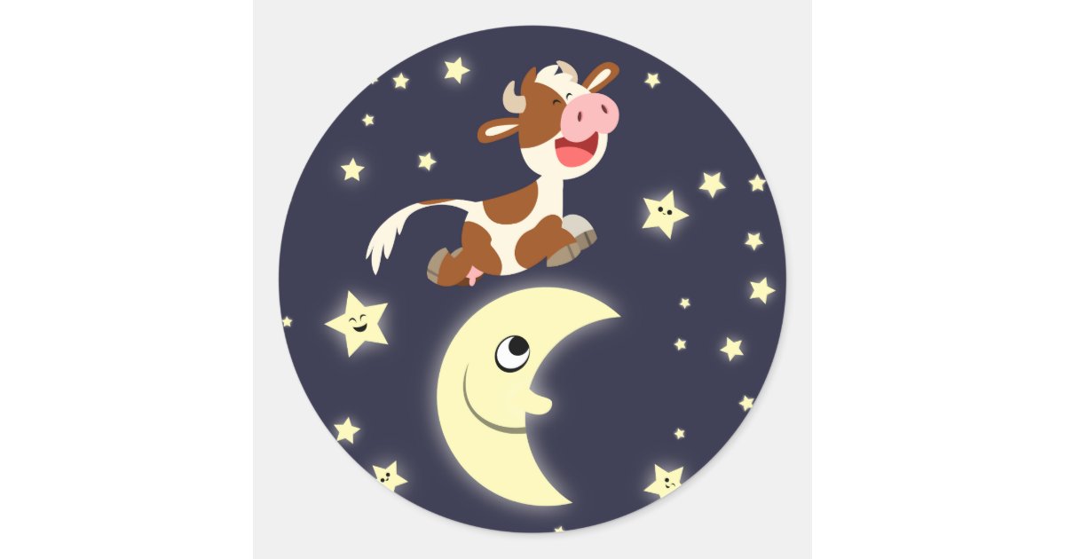 Cute Cartoon Cow Jumping Over The Moon Sticker | Zazzle