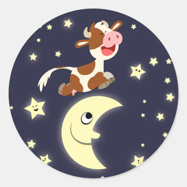 Cute Cartoon Cow Jumping Over The Moon Sticker | Zazzle