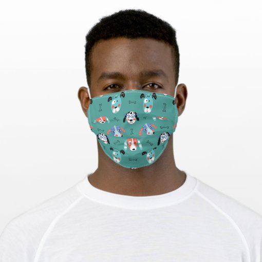 Cute Cartoon Dog Faces on Teal Adult Cloth Face Mask | Zazzle