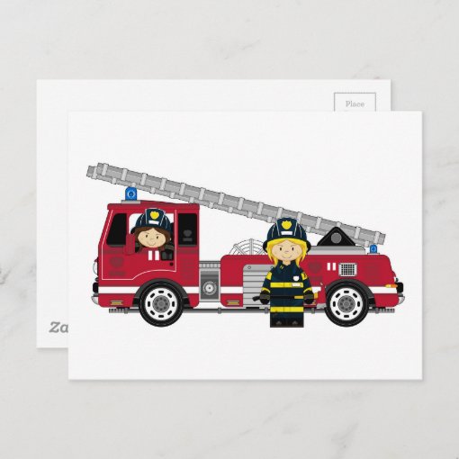 Cute Cartoon Fireman and Fire Engine Postcard | Zazzle
