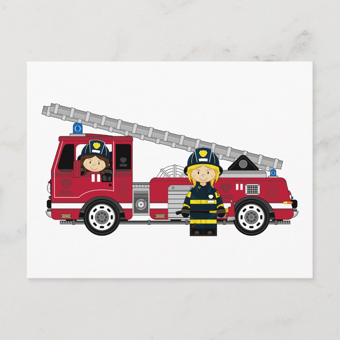 Cute Cartoon Fireman and Fire Engine Postcard | Zazzle