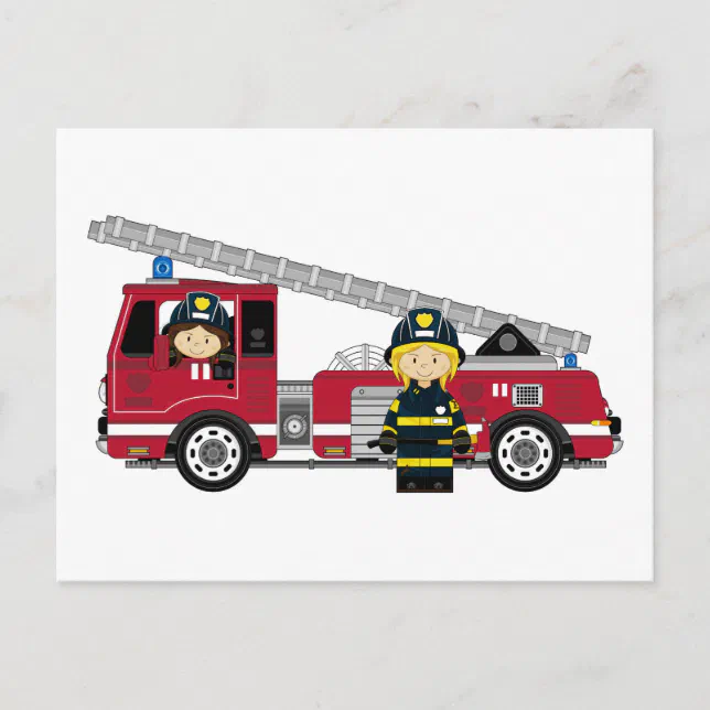 Cute Cartoon Fireman and Fire Engine Postcard | Zazzle