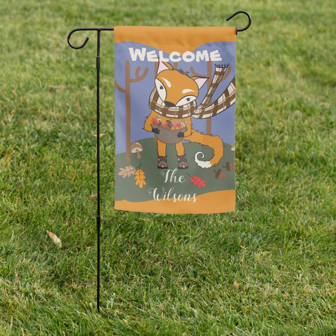 Cute Cartoon Fox Autumn Garden Flag | Zazzle