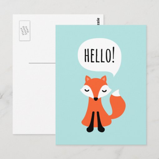 Cute cartoon fox on blue background saying hello postcard | Zazzle