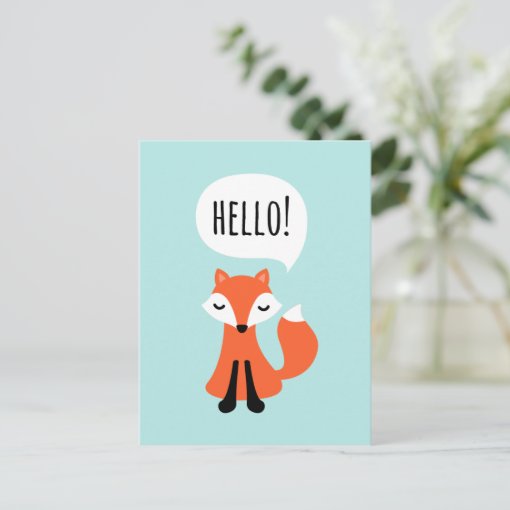 Cute cartoon fox on blue background saying hello postcard | Zazzle