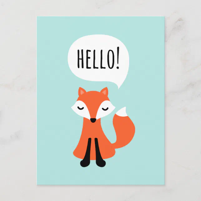 Cute cartoon fox on blue background saying hello postcard | Zazzle