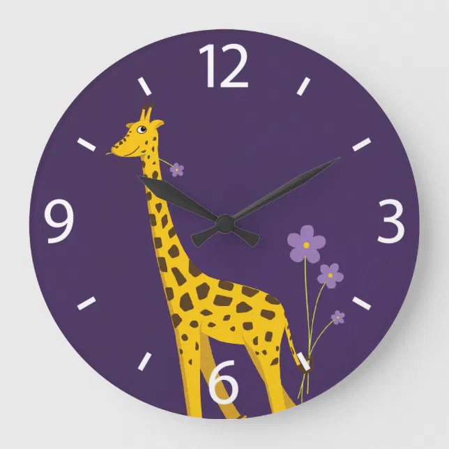 Cute Cartoon Giraffe Flowers Purple Large Clock | Zazzle