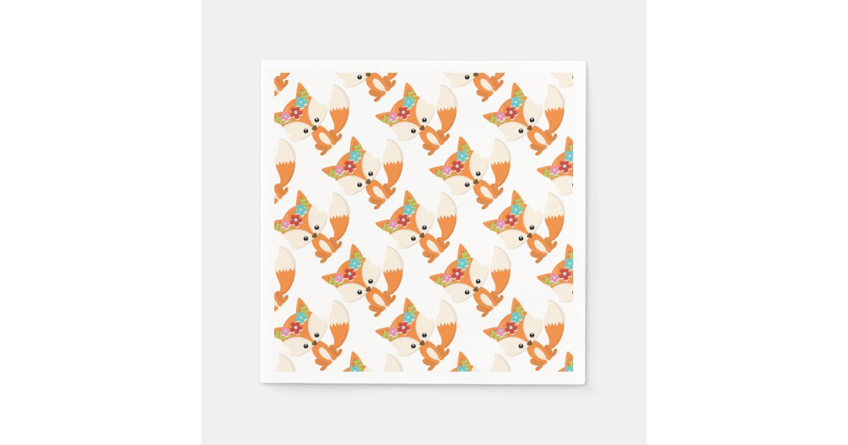 Cute Cartoon Girl Fox Pup With Flowers Paper Napkins | Zazzle