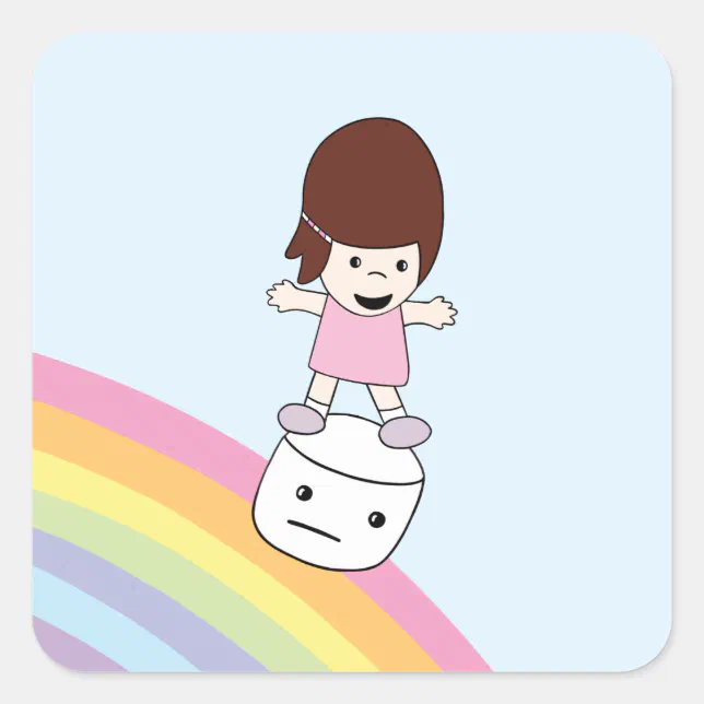 Cute Cartoon Girl on Rainbow w Marshmallow Sticker | Zazzle