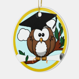 Cute Cartoon Graduation Owl With Cap & Diploma Ceramic Ornament | Zazzle