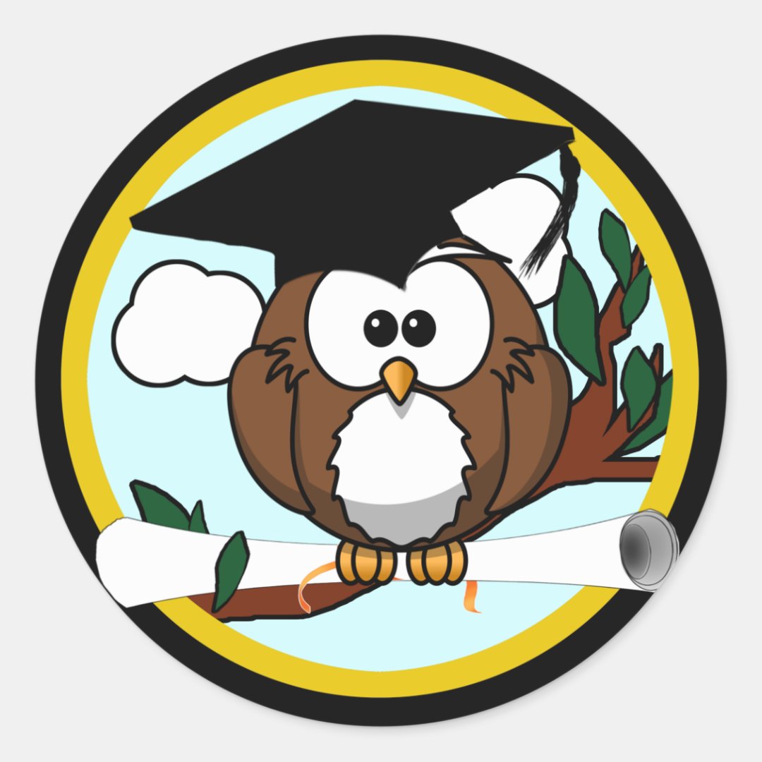 Cute Cartoon Graduation Owl With Cap & Diploma Classic Round Sticker ...
