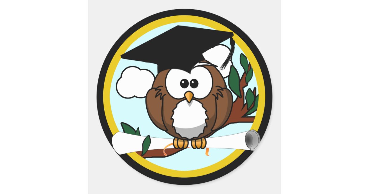 Cute Cartoon Graduation Owl With Cap & Diploma Classic Round Sticker ...