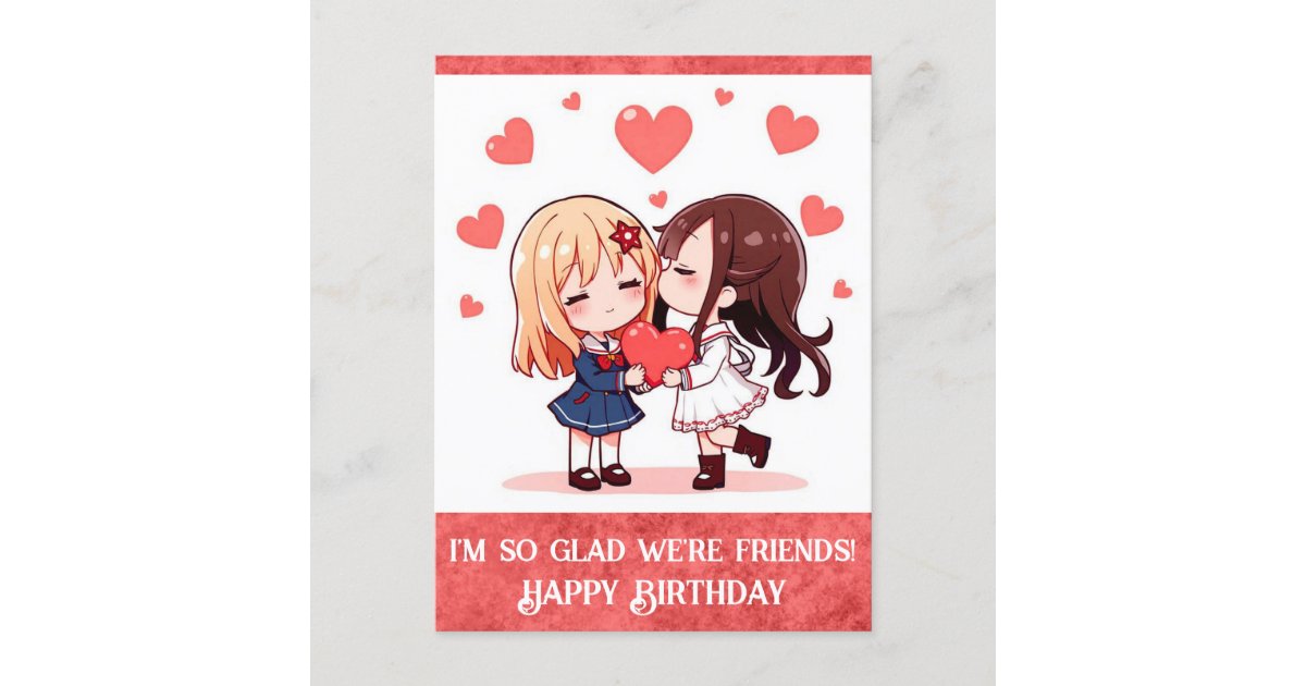 Cute Cartoon Happy Birthday Friend Hearts Postcard | Zazzle