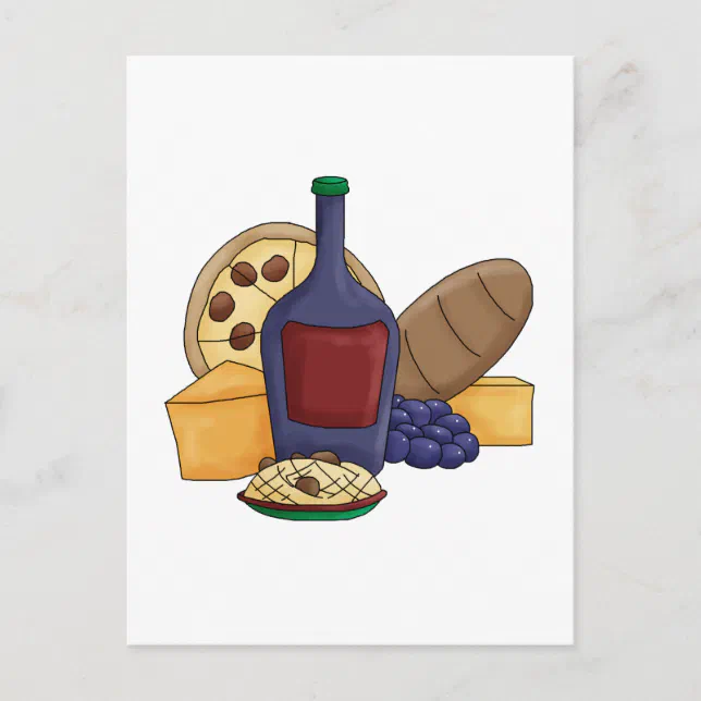 Cute Cartoon Italian Food Pasta Bread Wine Cheese Postcard | Zazzle