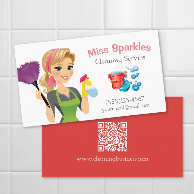 Cute Cartoon Maid House Cleaning Service QR Code Business Card | Zazzle