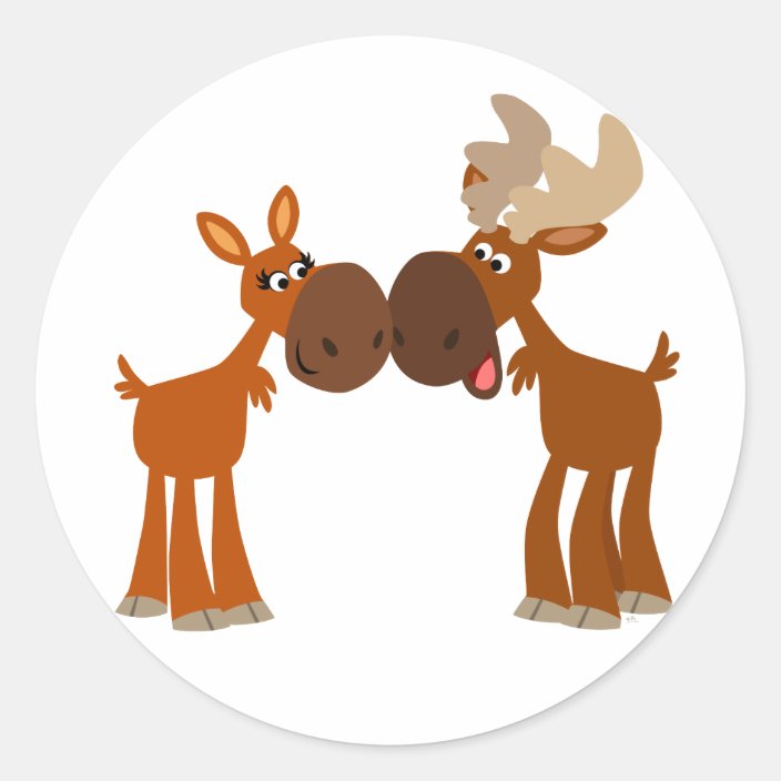 Cute Cartoon Moose Couple in Love Round Sticker | Zazzle.com