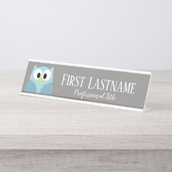 Cute Cartoon Owl - Blue and Gray Custom Name Desk Name Plate | Zazzle