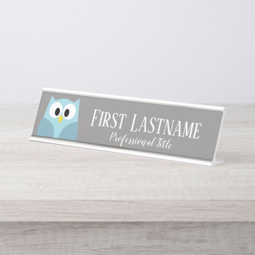 Cute Cartoon Owl - Blue and Gray Custom Name Desk Name Plate | Zazzle