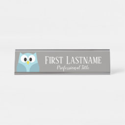Cute Cartoon Owl - Blue and Gray Custom Name Desk Name Plate | Zazzle