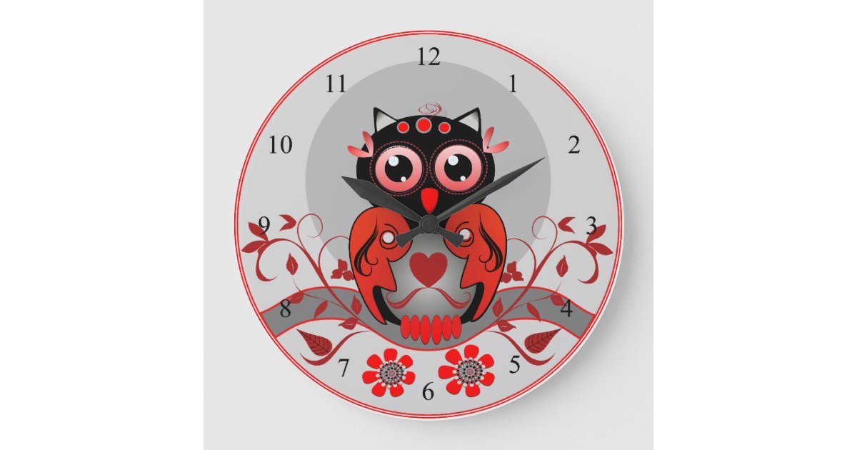 Cute cartoon Owl clock in red, black and grey | Zazzle