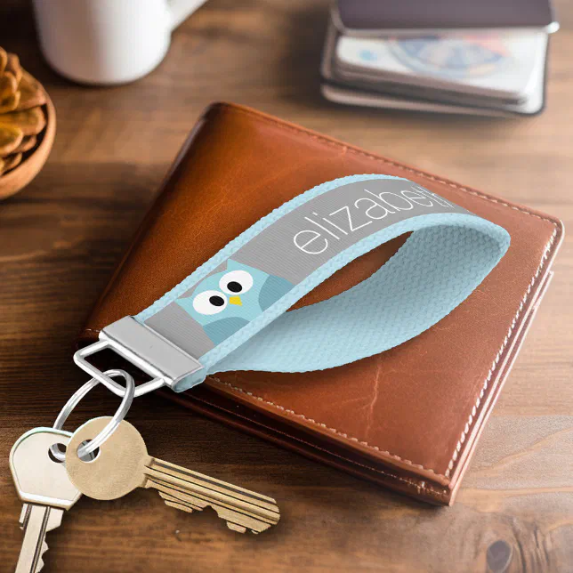 Cute Cartoon Owl in Blue and Gray Wrist Keychain | Zazzle