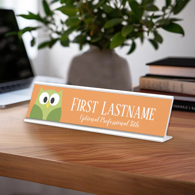 Cute Cartoon Owl - Orange and Green Custom Name Desk Name Plate | Zazzle