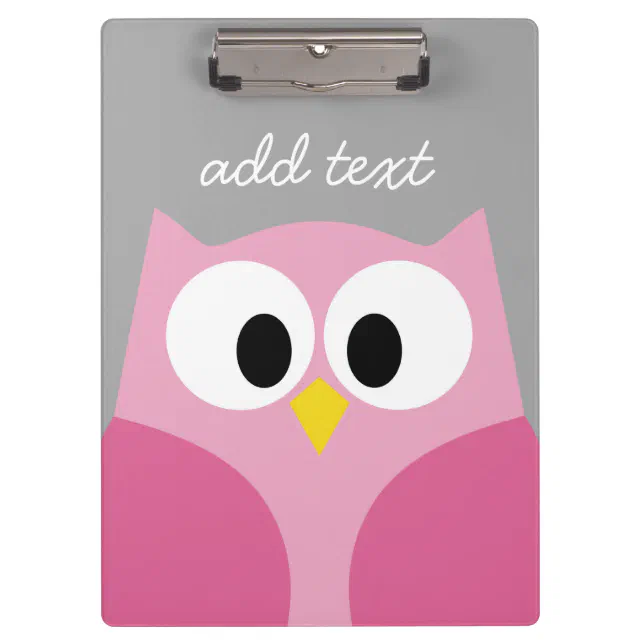 Cute Cartoon Owl - Pink and Gray Custom Name Clipboard | Zazzle