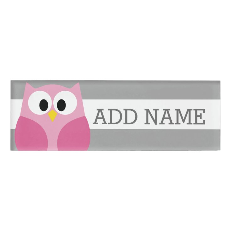 Cute Cartoon Owl - Pink and Gray Custom Name Name Tag | Zazzle