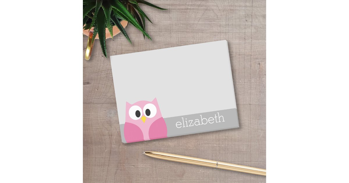 Cute Cartoon Owl - Pink and Gray Custom Name Post-it Notes | Zazzle