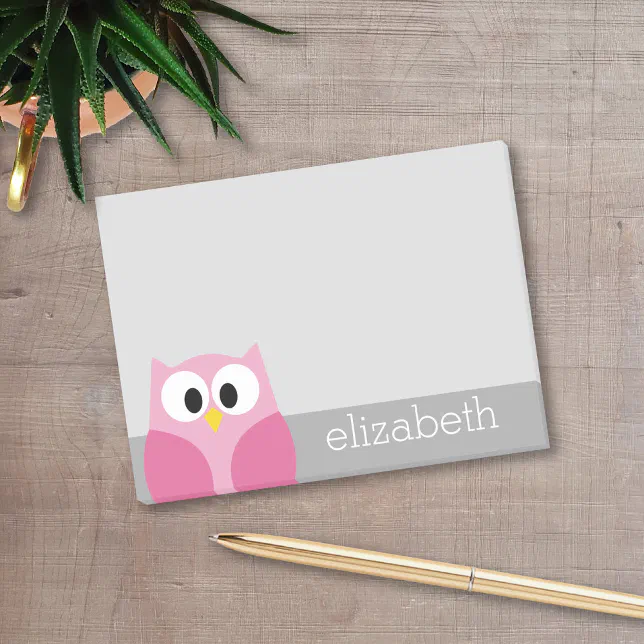 Cute Cartoon Owl - Pink and Gray Custom Name Post-it Notes | Zazzle