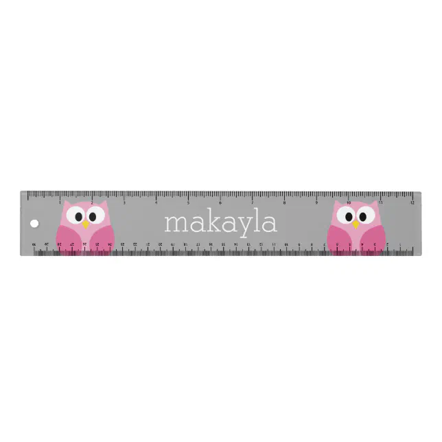 Cute Cartoon Owl - Pink and Gray Custom Name Ruler | Zazzle