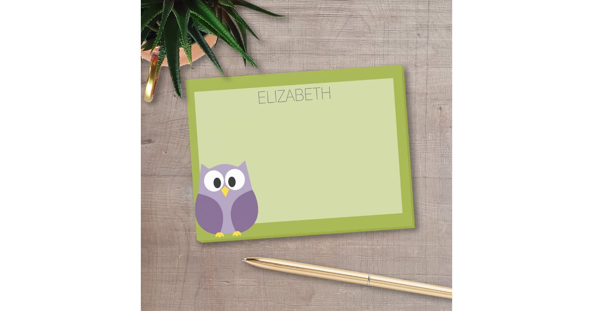Cute Cartoon Owl Purple and Pistachio Custom Name Post-it Notes | Zazzle