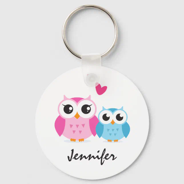 Cute cartoon owls with hearts personalized name keychain | Zazzle