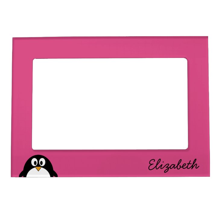 cute cartoon penguin pink and black magnetic photo frame | Zazzle