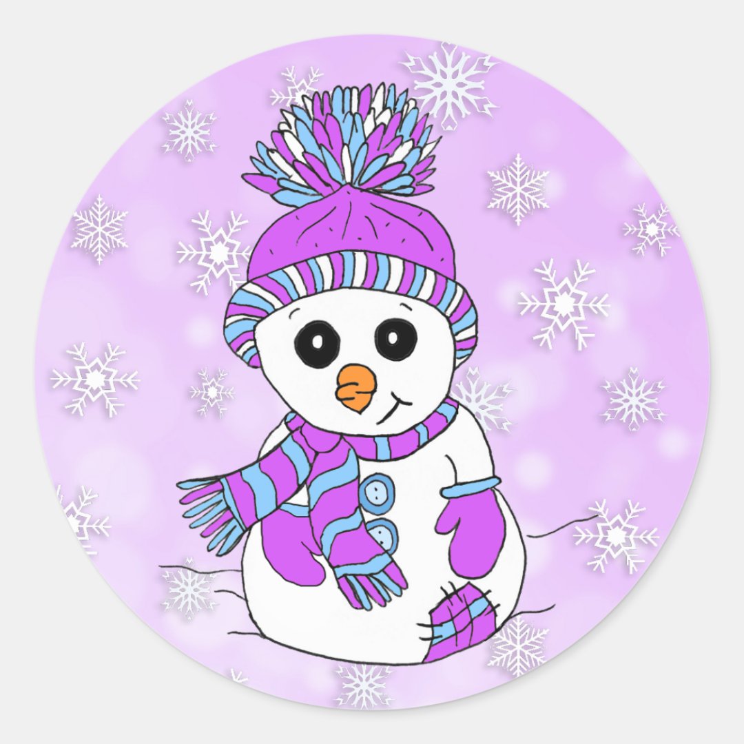 Cute Cartoon Purple Snowman Snowflake Christmas Classic Round Sticker ...