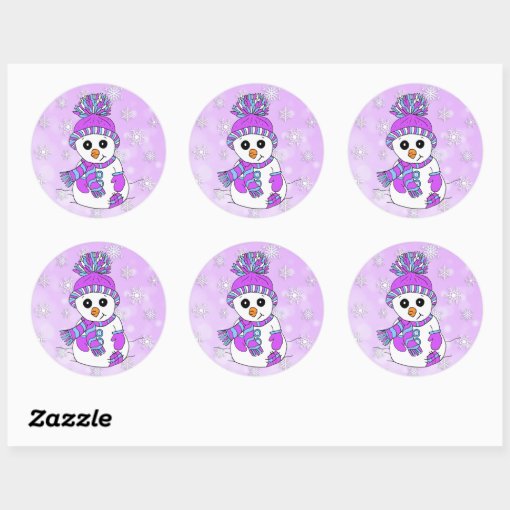 Cute Cartoon Purple Snowman Snowflake Christmas Classic Round Sticker ...