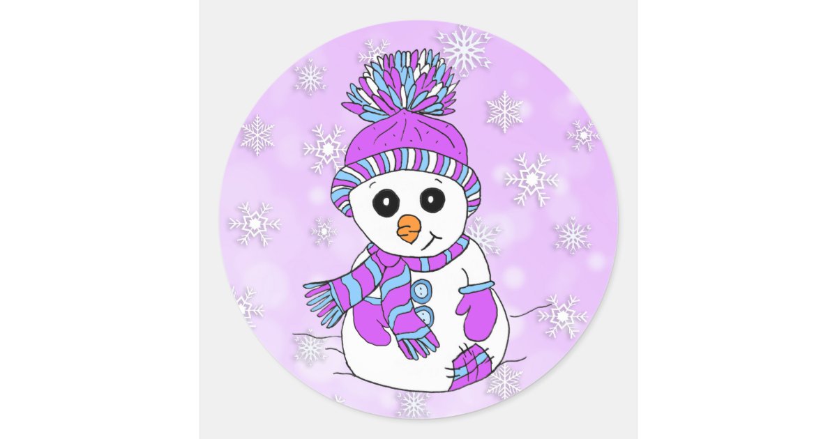 Cute Cartoon Purple Snowman Snowflake Christmas Classic Round Sticker ...