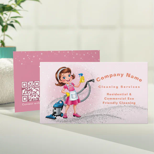 Cute Cartoon QR code Glitter Pink House Cleaning Business Card | Zazzle