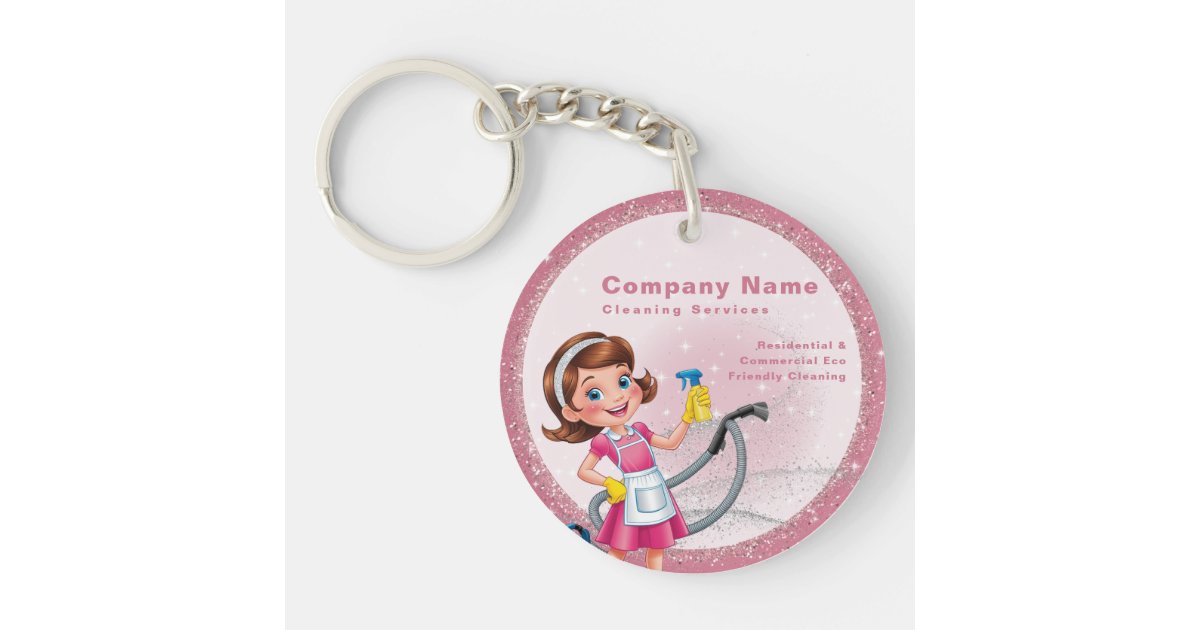 Cute Cartoon QR code Glitter Pink House Cleaning Keychain | Zazzle