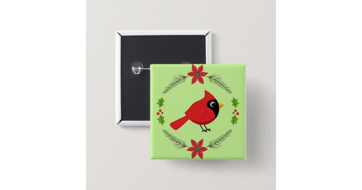 Cute Cartoon Red Cardinal with Flowers Button | Zazzle