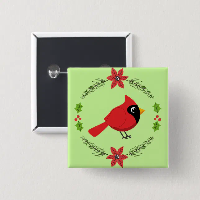 Cute Cartoon Red Cardinal with Flowers Button | Zazzle