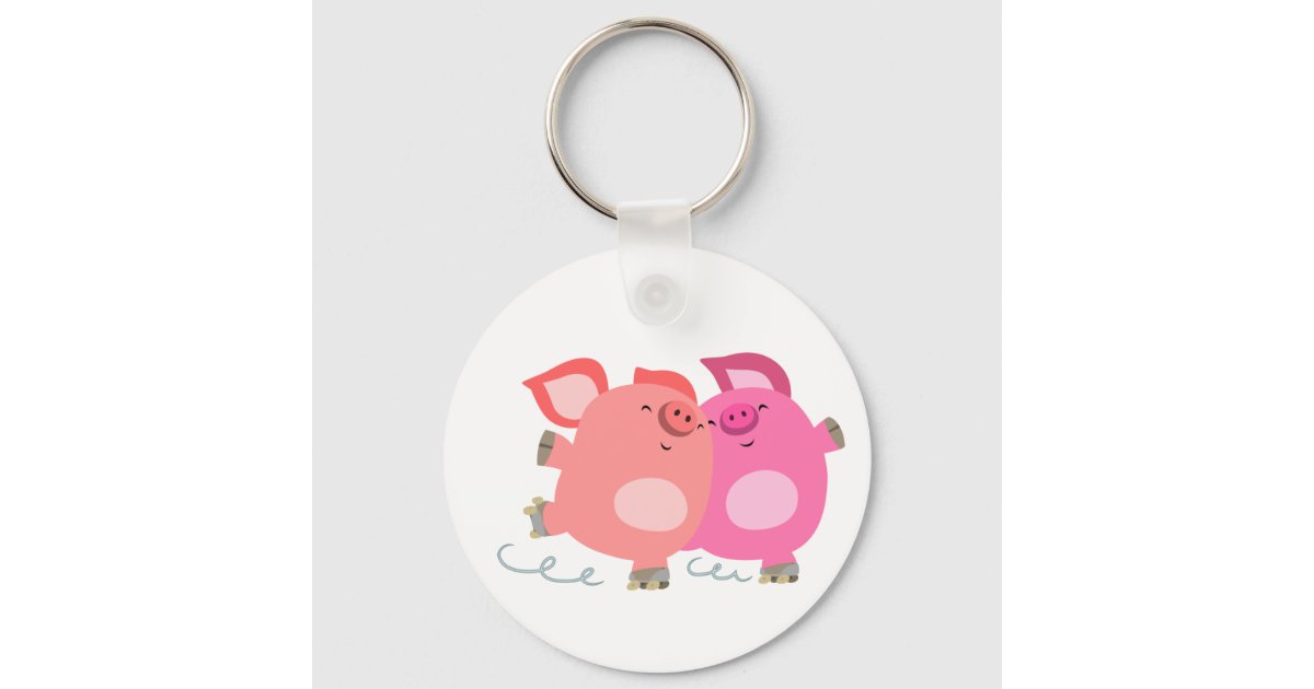 Cute Cartoon Roller-Skating Pigs Keychain | Zazzle