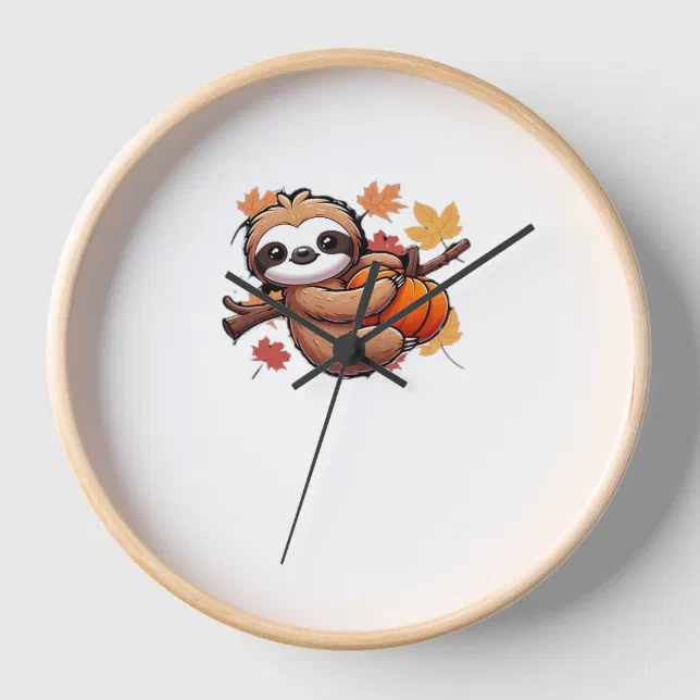 Cute Cartoon Sloth with Pumpkin - Autumn Season Ov Clock | Zazzle