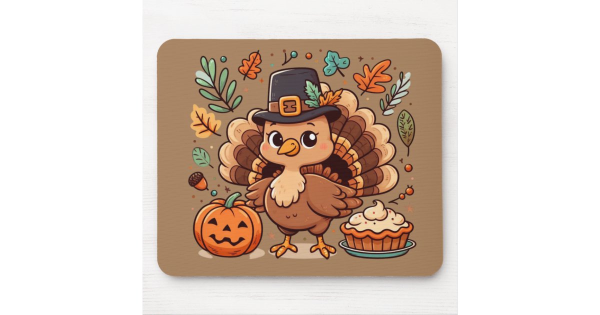 Cute Cartoon Thanksgiving turkey and pumpkin Mouse Pad | Zazzle